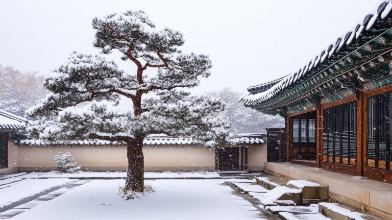 A Tree in a Courtyard Covered with Snow during the Winter, AI Stock ...