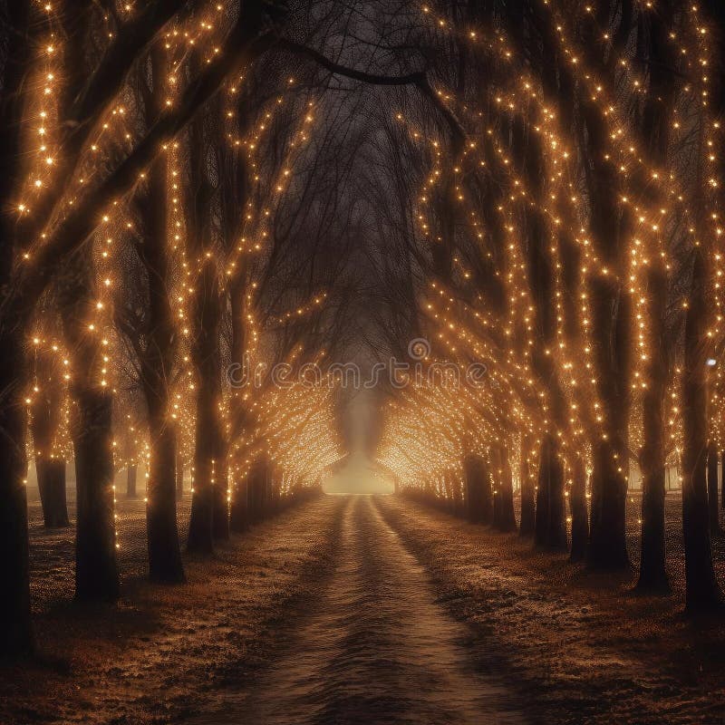 A Tree-covered Lane with Soft Twinkling Lights Providing a Warm Glow ...