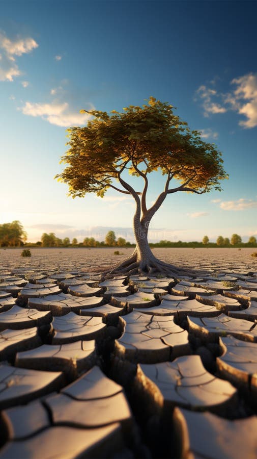 Tree on Cracked Ground Signifies Climate Change Impact, Drought, and ...