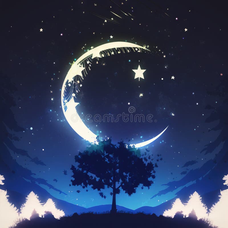 A Tree and a Crescent with Stars in the Sky at Night Time with a Full ...