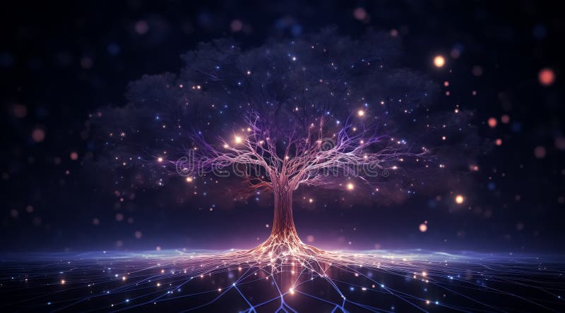 Tree in Dark Magical Background with Glowing Purple Lights Stock ...