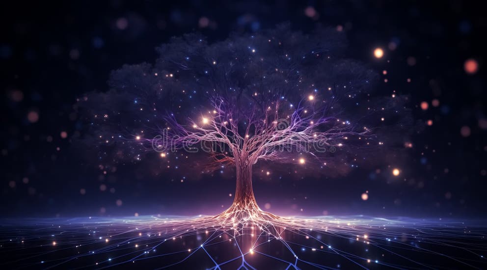 Tree in Dark Magical Background with Glowing Purple Lights Stock ...