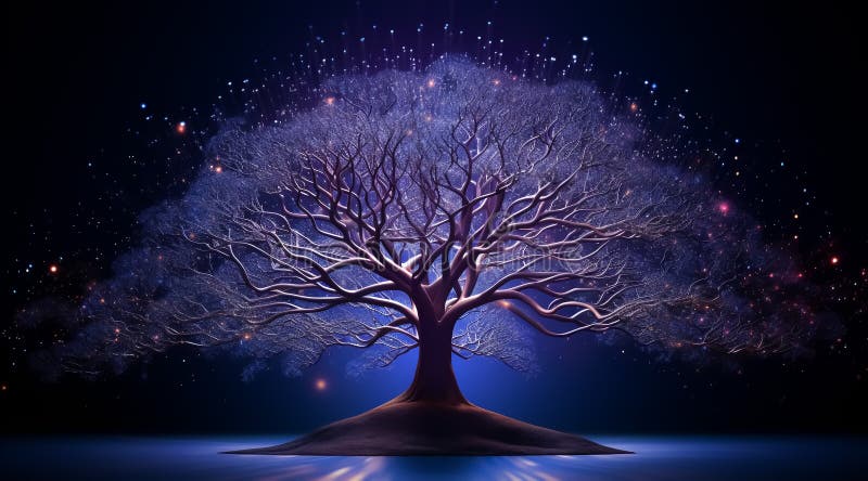 Tree in Dark Magical Background with Glowing Purple Lights Stock ...