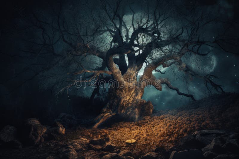 Tree Dark Night. Generate Ai Stock Illustration - Illustration of ...
