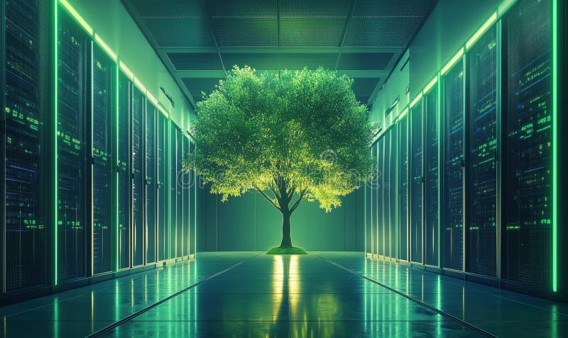 Tree in Data Center Symbolizing Harmony between Nature and Technology ...