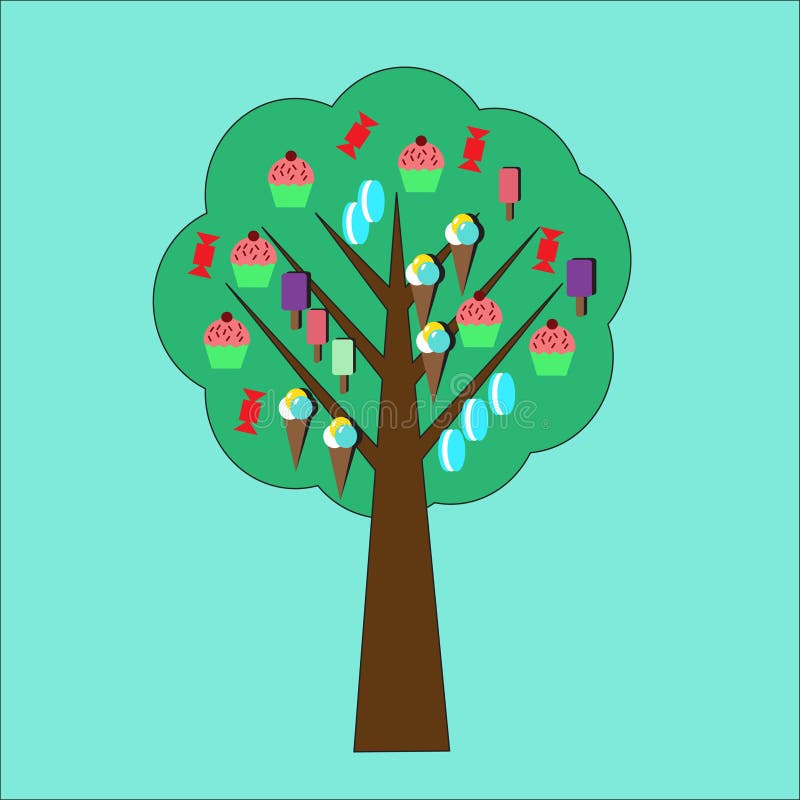 Tree Decorated with Cupcakes, Macaroons and Ice Cream Stock Vector ...