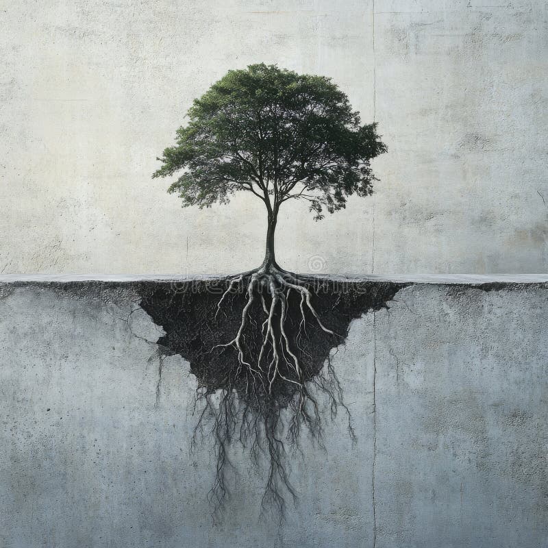 A Tree with Deep Roots Breaking through Concrete Stock Illustration ...