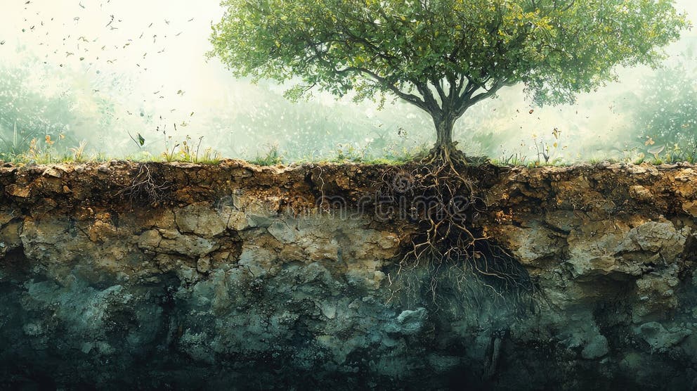 Tree with Deep Roots in Layered Earth Cross-section Displaying ...