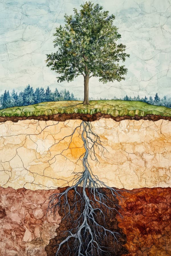 Tree with Exposed Roots in Layered Soil Cross-section Stock Photo ...