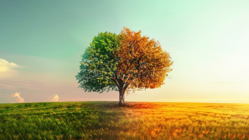 Tree Depicting Two Seasons in Serene Countryside Landscape Stock ...