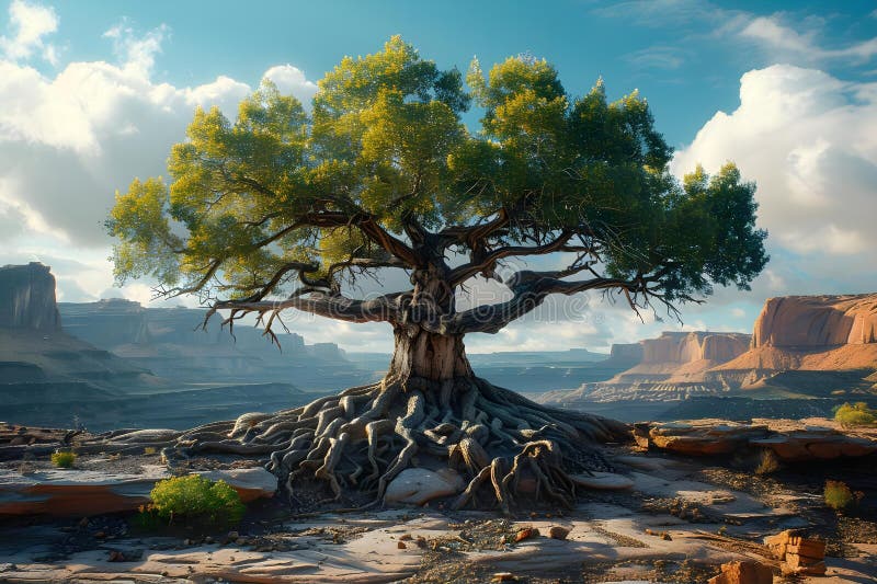 Tree in Desert Setting with Split Trunk and Large Visible Roots ...