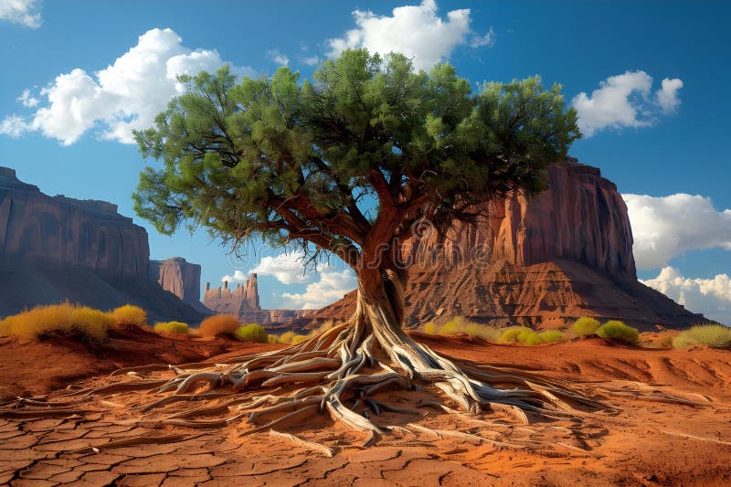 Tree in Desert: Split Trunk and Large Visible Roots. Concept Nature ...