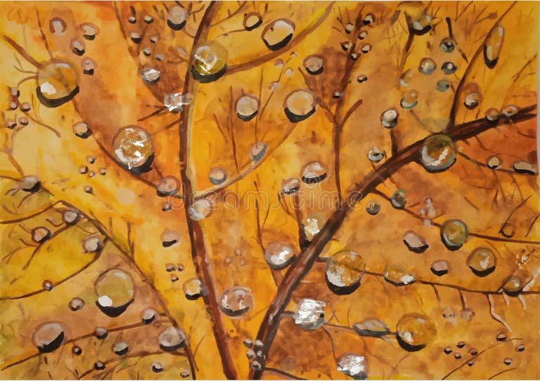 Tree with Dew Drops on an Orange Background, Watercolor, Vector Stock ...