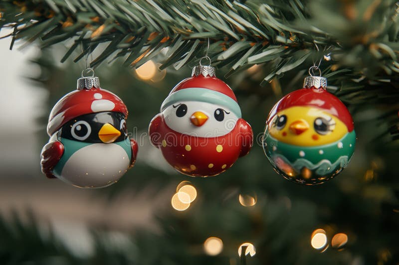 A Tree Displays Three Bird Ornaments, Each of Different Sizes and ...