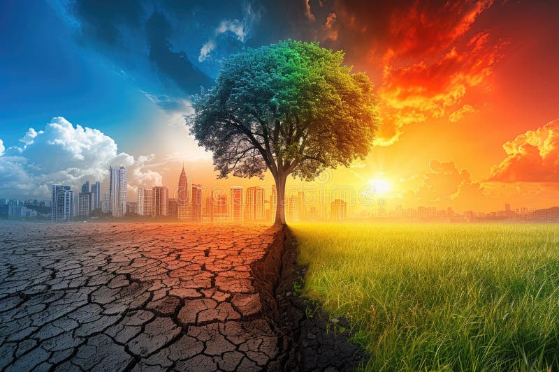 Tree Dividing Urban City and Nature Representing Environmental Contrast ...