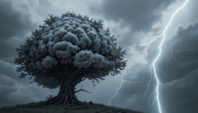 Tree in a Dramatic Lightning Storm Stock Illustration - Illustration of ...
