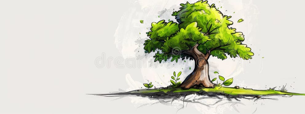 A Tree Drawing Atop a Green Island, Rooted in it is Another Tree Stock ...