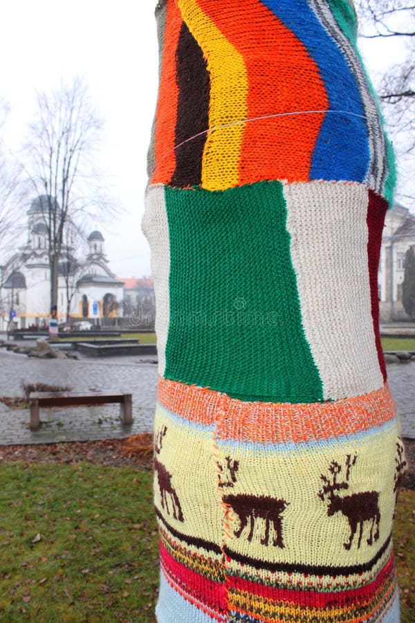 Tree Dressed in a Sweater Crocheted Stock Image - Image of abstract ...