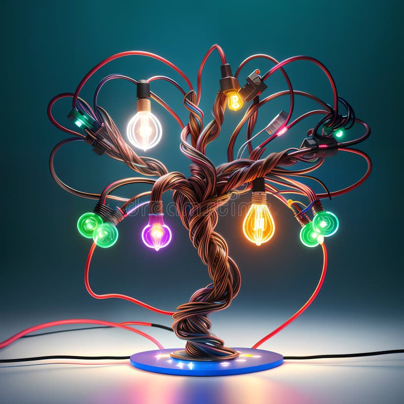 Tree from Electrical Wires Tangled and Glow Lamp. Generative AI Stock ...