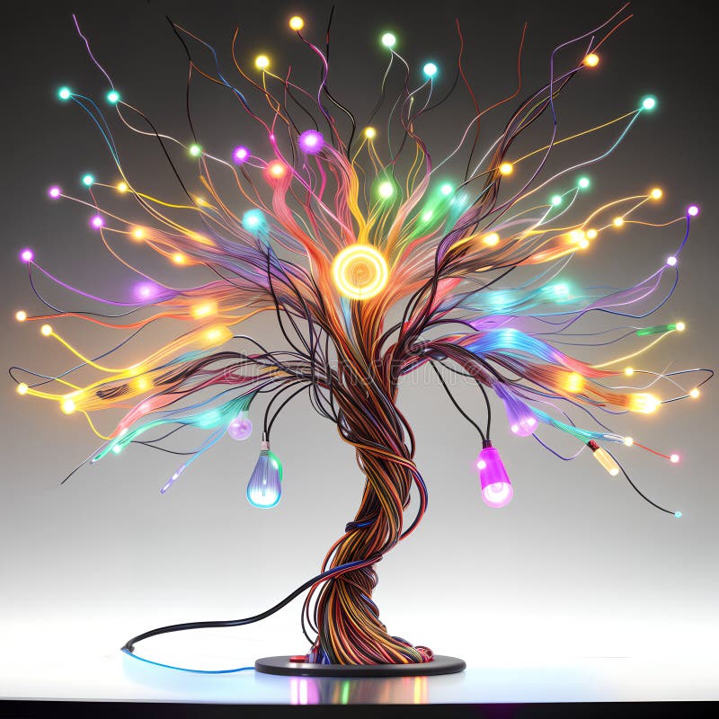 Tree from Electrical Wires Tangled and Glow Lamp. Generative AI Stock ...