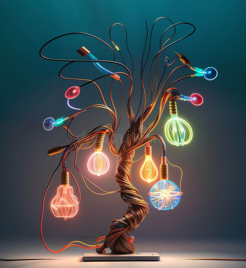 Tree from Electrical Wires Tangled and Glow Lamp. Generative AI Stock ...