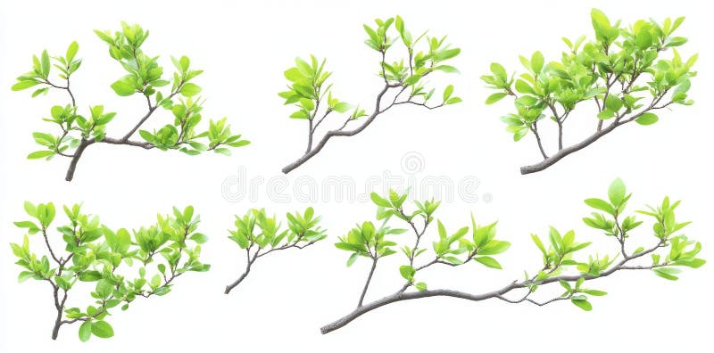 Tree with Elongated Stem, Twig of Green Leaves Isolated on White ...