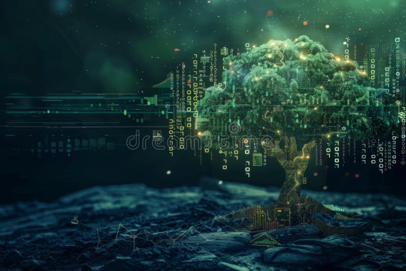 A Tree Emerges from the Earth in a Dim Forest Under the Midnight Sky ...