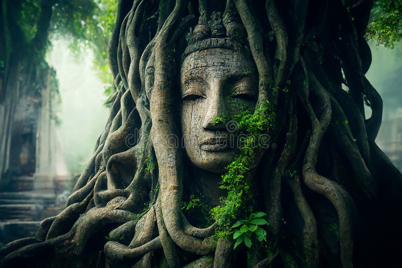 A Tree Entangled with Vines and the Face of the Ancient God of Mayan ...