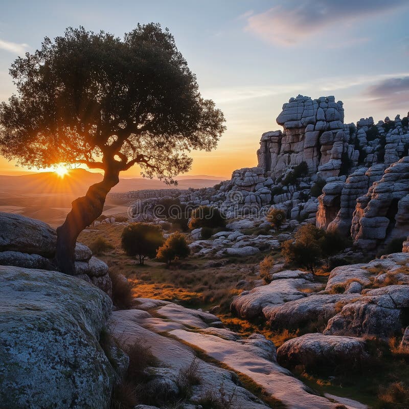 Tree and Eroded Rock Formations in Nature Reserve Under a Sunset Sky ...