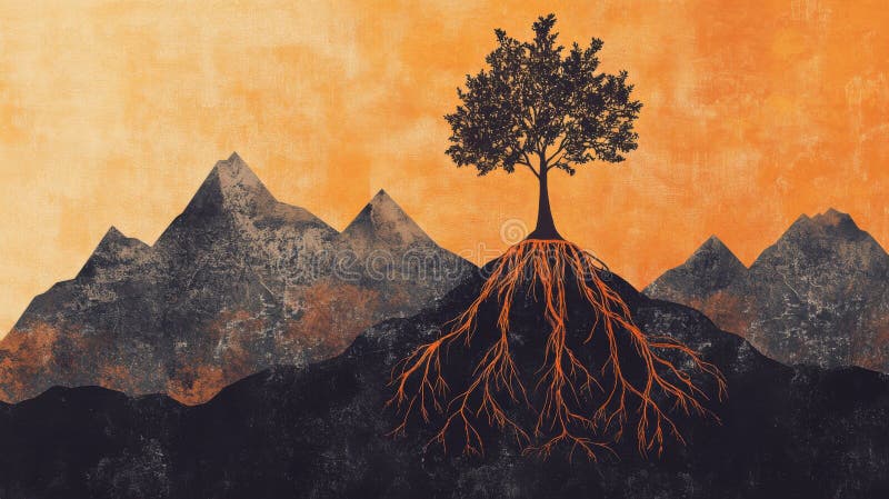 Tree with Expansive Roots Against Mountainous Background in Abstract ...