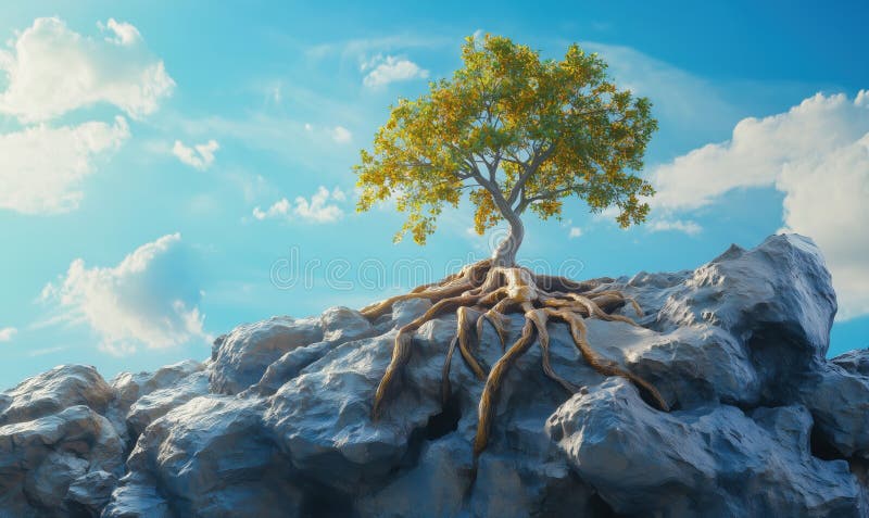 Tree with Exposed Roots Growing on Rocky Terrain Under Blue Sky and ...