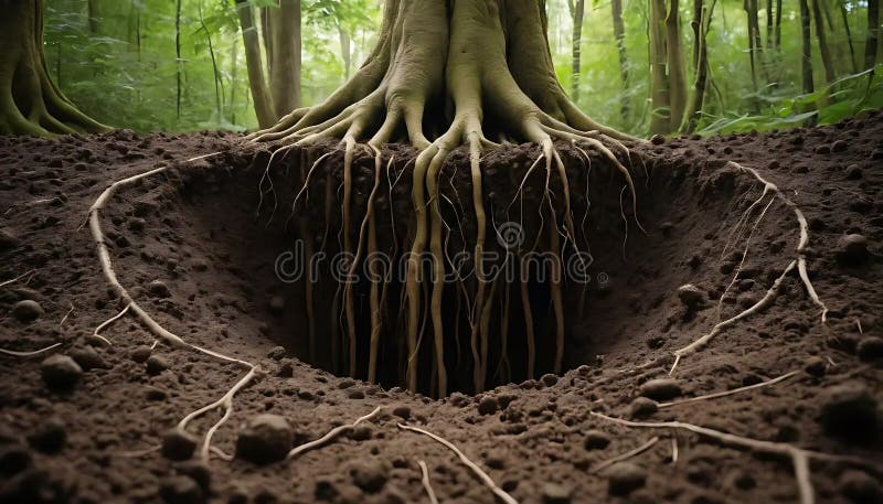 A Tree with Exposed Roots and a Large Circular Hole in the Foreground ...