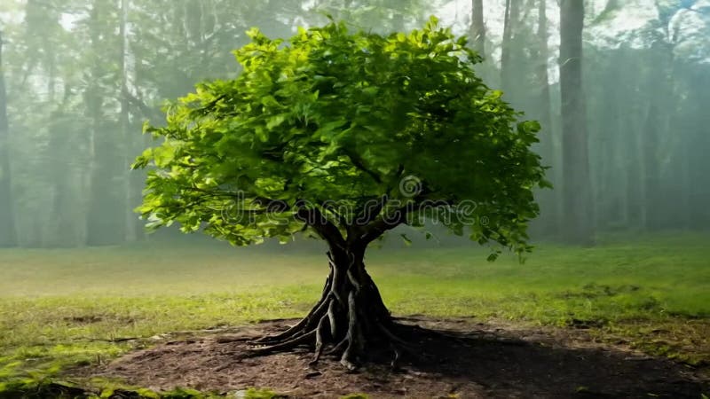 A Tree with Exposed Roots Stands in a Misty Forest. Sunlight Shines ...