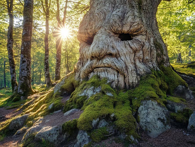 A Tree with a Face Carved into the Trunk of a Tree in a Forest Stock ...