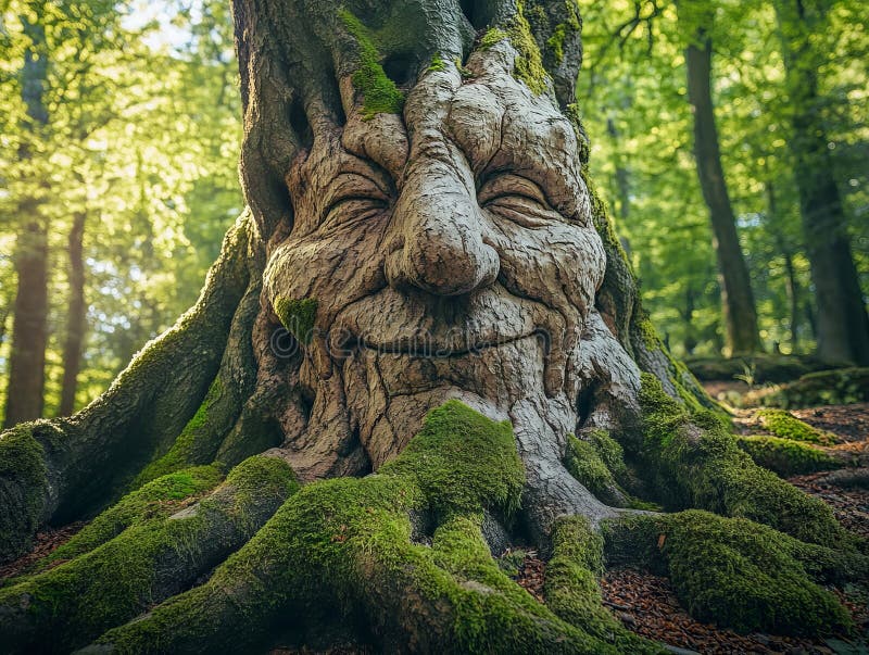 A Tree with a Face Carved into the Trunk of a Tree in the Woods Stock ...