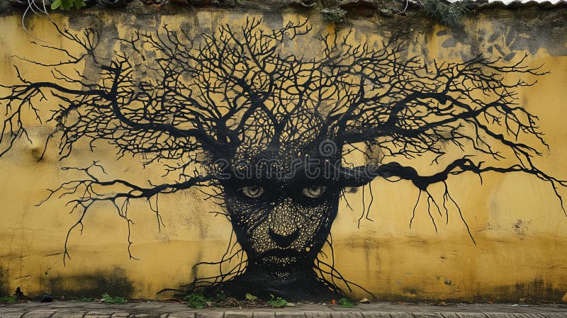 Tree Face Mural with Intricate Branches Stock Illustration ...