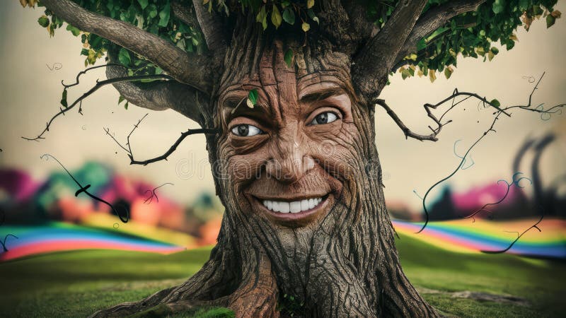 A Tree with a Face Painted on it and Rainbow Colors, AI Stock Image ...