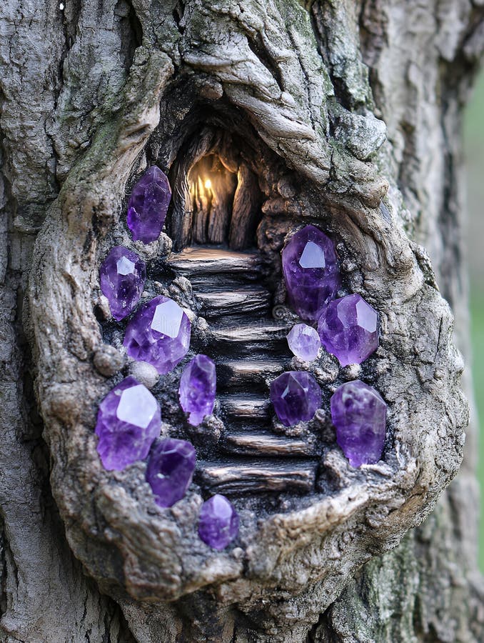 A Tree with a Fairy Door Surrounded by Amethyst Crystals and a Light ...