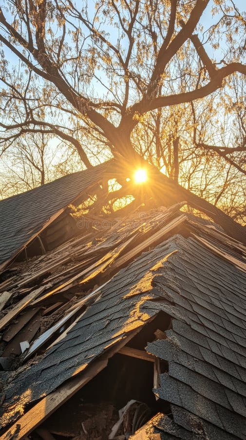 Tree Fallen on Damaged Roof during Sunset, Dramatic Light. Natural ...