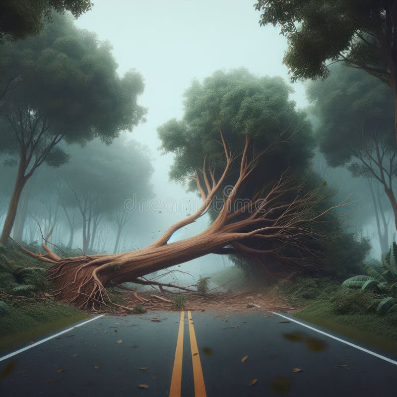 A Tree that Fell on a Road, Blocking it. Stock Image - Image of ...