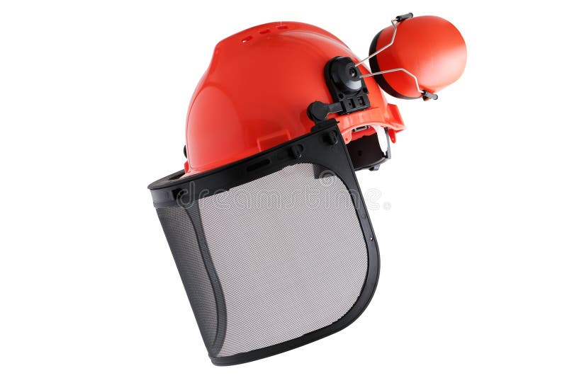 Tree Felling Helmet with Ear Defenders Raised Stock Photo - Image of ...