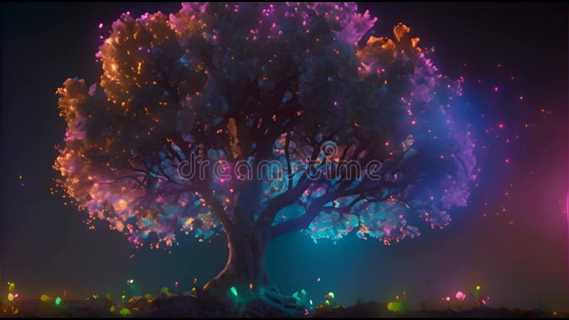 Tree of Fertility Colourful and Neon Lights Illuminated. Stylish Tree ...