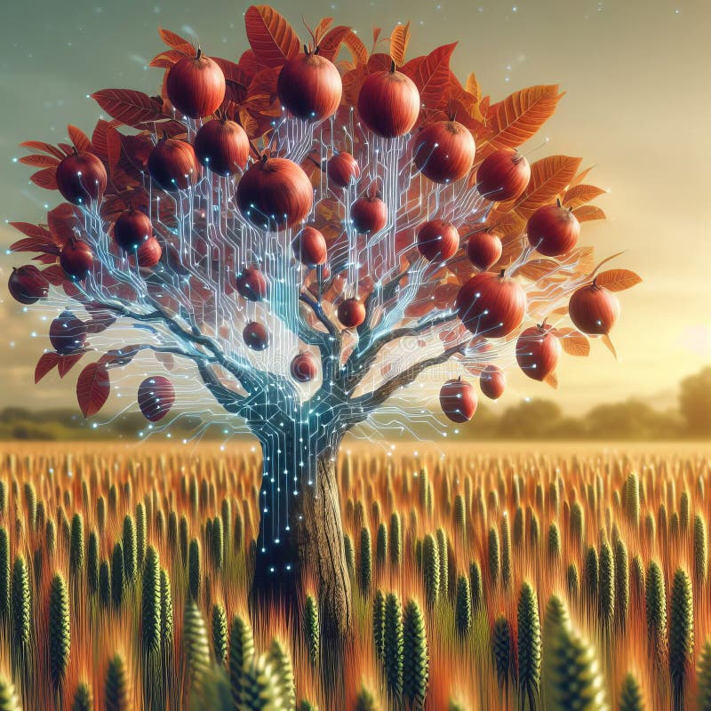 Tree in the Field with Digital Network Lines Connections on Branches ...