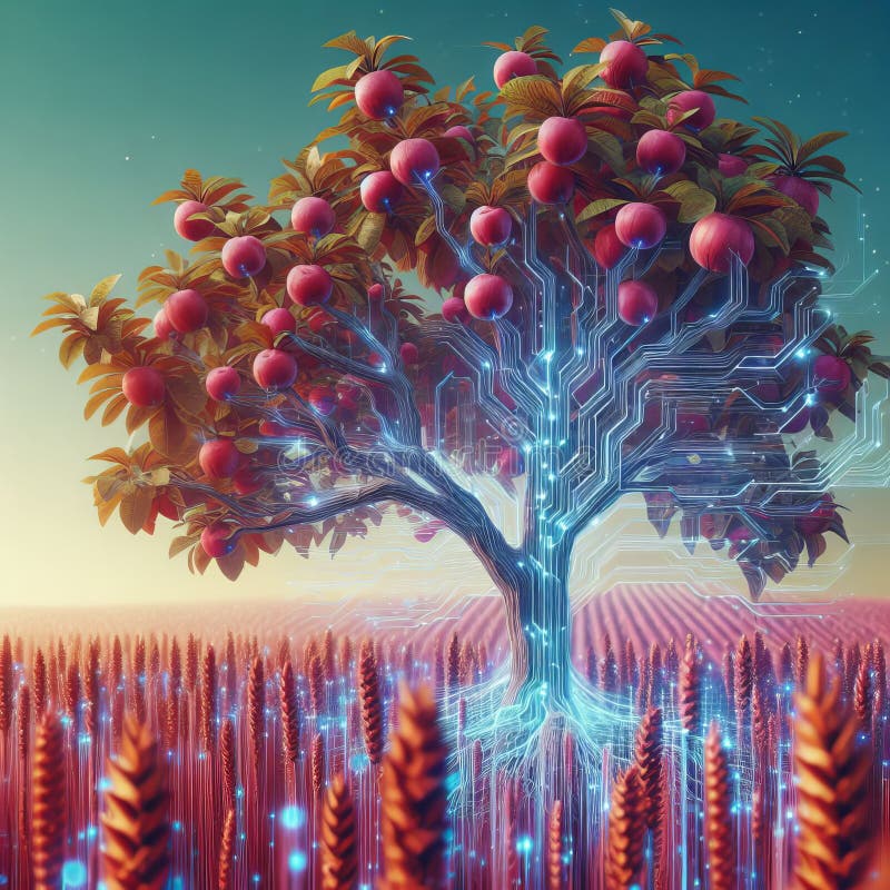 Tree in the Field with Digital Network Lines Connections on Branches ...