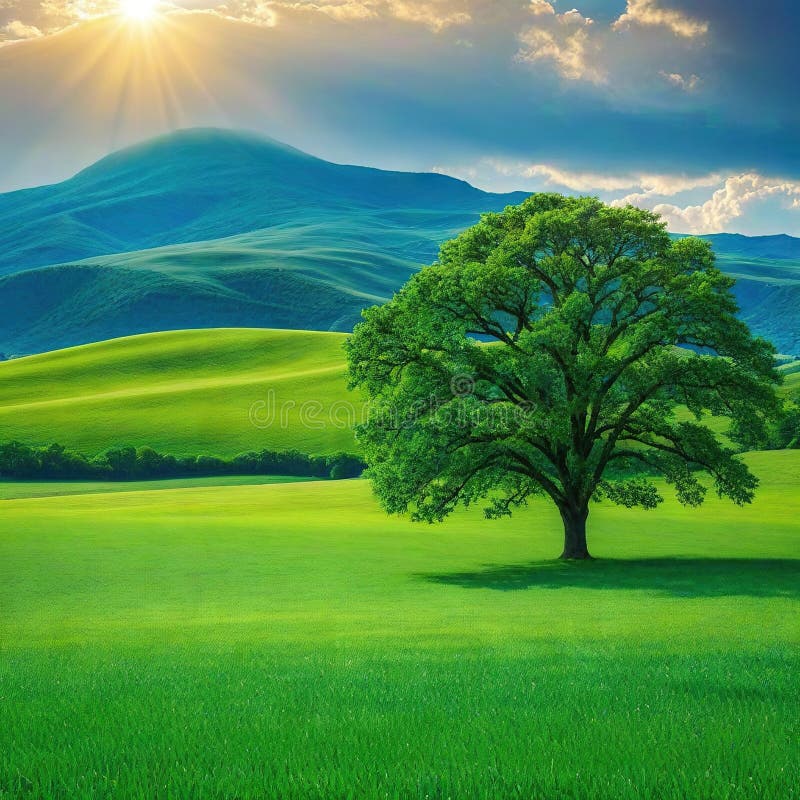 A Tree in a Field with a Mountain in the Background and a Sky in the ...