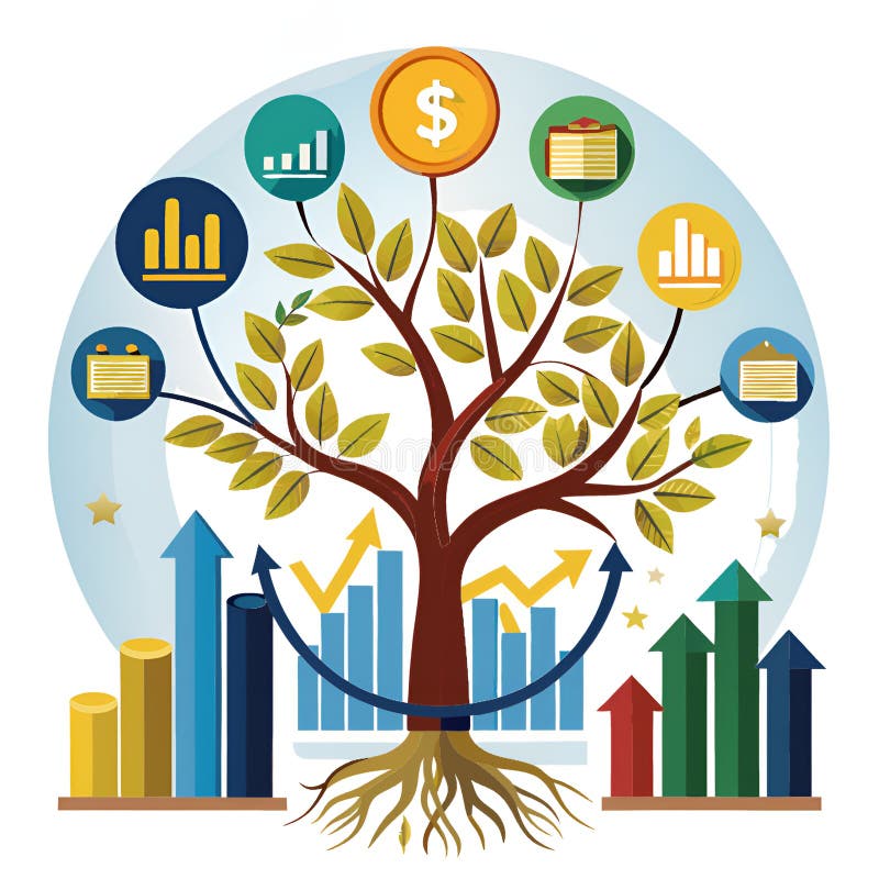 Tree with Financial Icons and Graphs Stock Illustration - Illustration ...