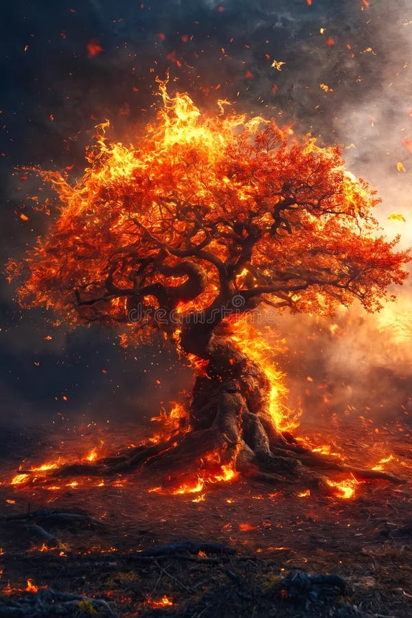 A Tree that is on Fire in the Middle of a Field. Generative AI Stock ...