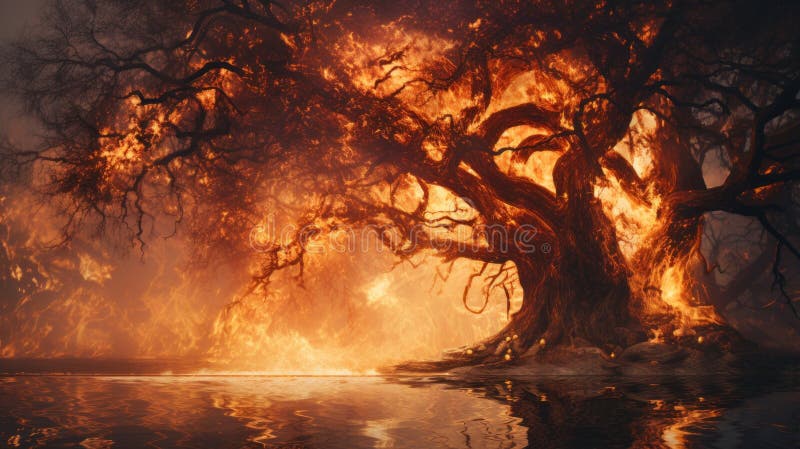A Tree is on Fire and Surrounded by Water, AI Stock Illustration ...