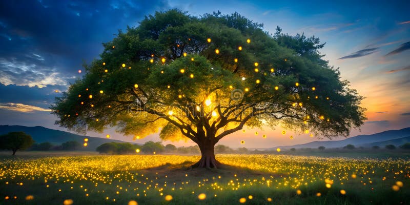 Tree with Fireflies Glowing Around it at Dusk Stock Illustration ...