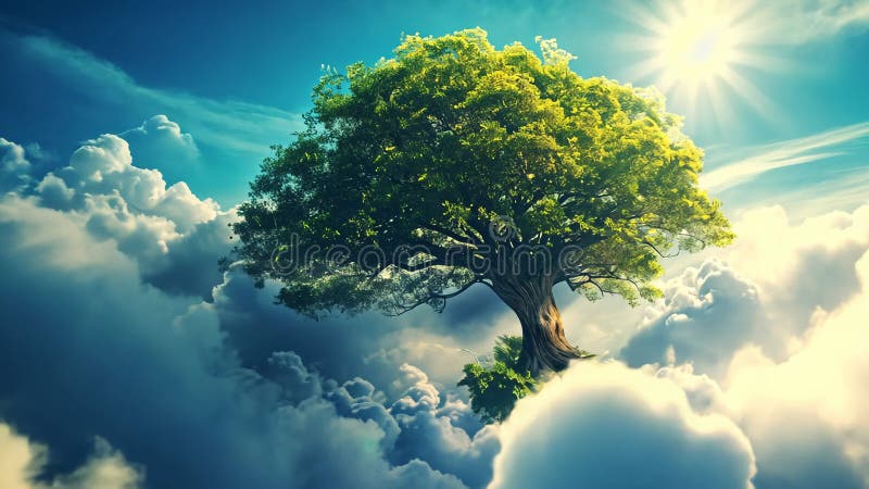 Tree Floating Above the Clouds with Sunlight, Serene Nature Concept ...